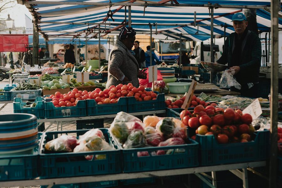 European food market stalls with produce