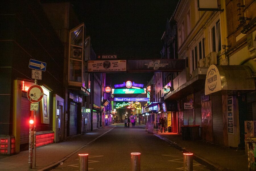Colorful nightlife scene at Grosse Freiheit street in Hamburg Reeperbahn area