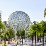 Geodesic dome and water fountains at the former Expo 92 site in Seville