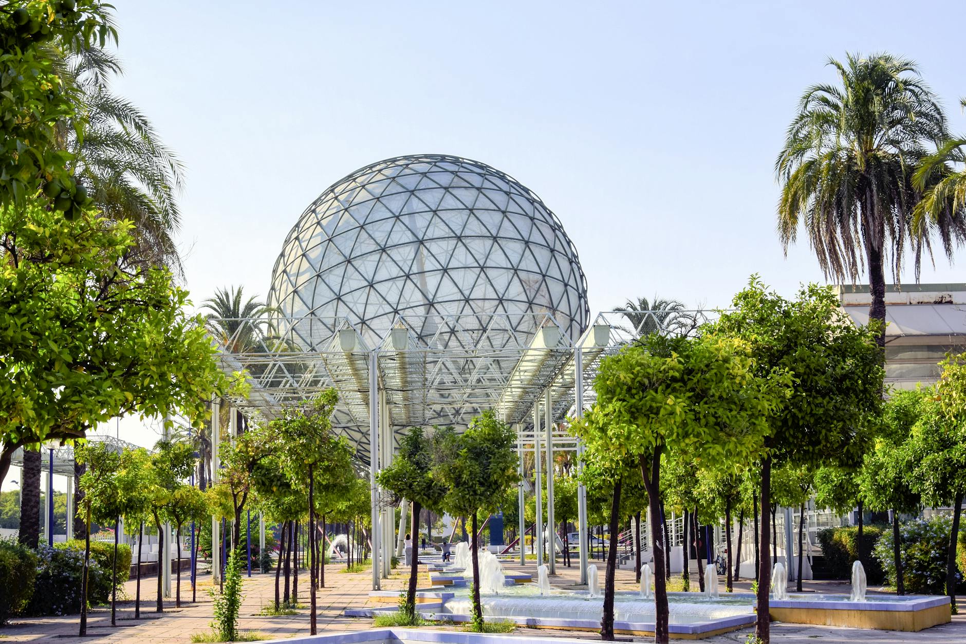 Geodesic dome and water fountains at the former Expo 92 site in Seville