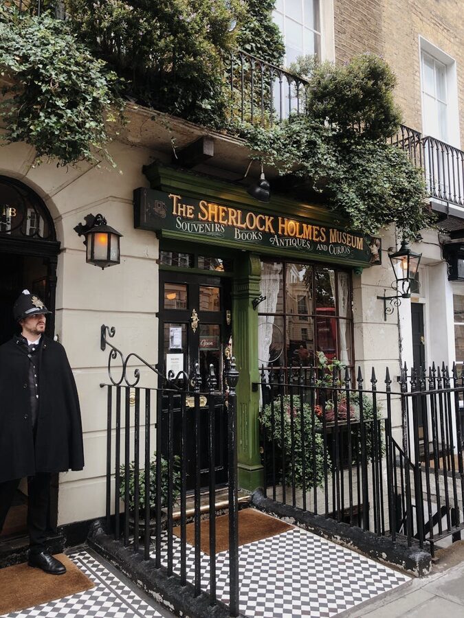 Facade of Sherlock Holmes Museum in London with guard in uniform