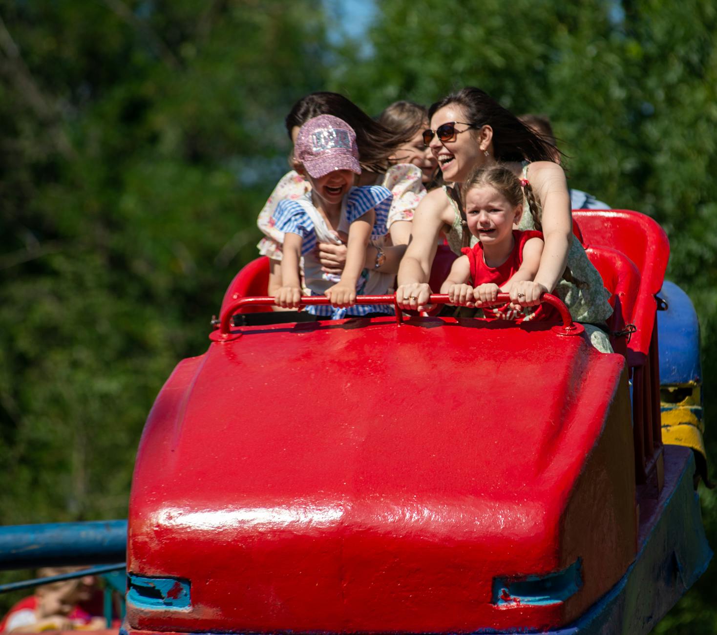 Family enjoying a roller coaster ride at an amusement park