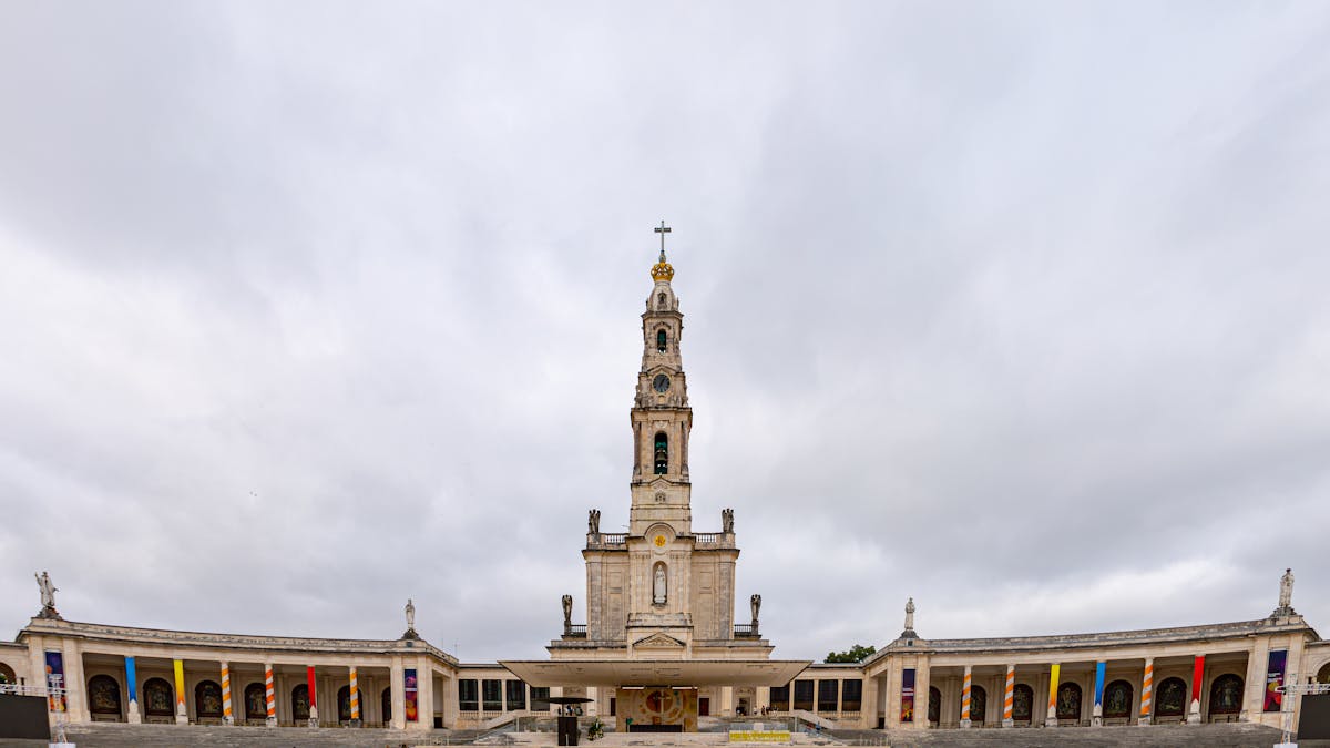 Panoramic view of the Sanctuary of Fátima with the central bell tower and colonnade