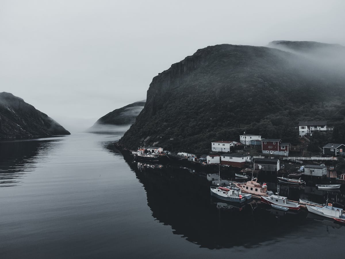 Fjord village with boats docked along shore surrounded by misty mountains