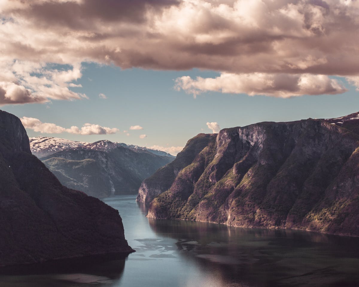 Tranquil Aurlandsfjord at sunset in Flam Norway with mountains