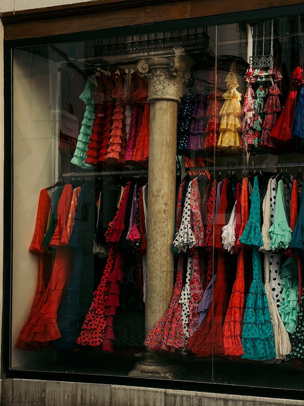 Colorful flamenco dresses in a Seville shop window