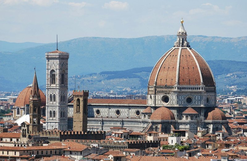 Aerial view of Florence Cathedral with Brunelleschi dome and Giotto bell tower