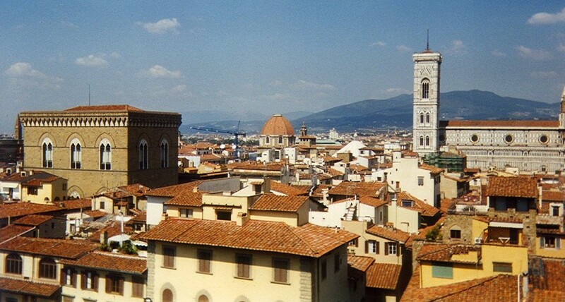 Classic Florence skyline showing red terracotta rooftops and the cathedral dome