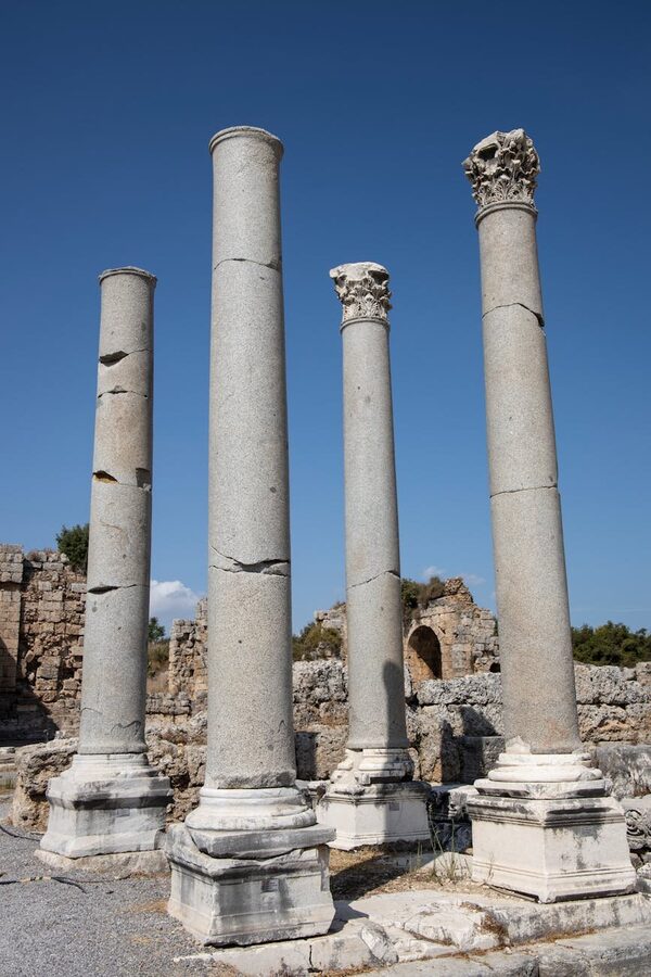Group of travelers visiting ancient Roman ruins at Ephesus Turkey