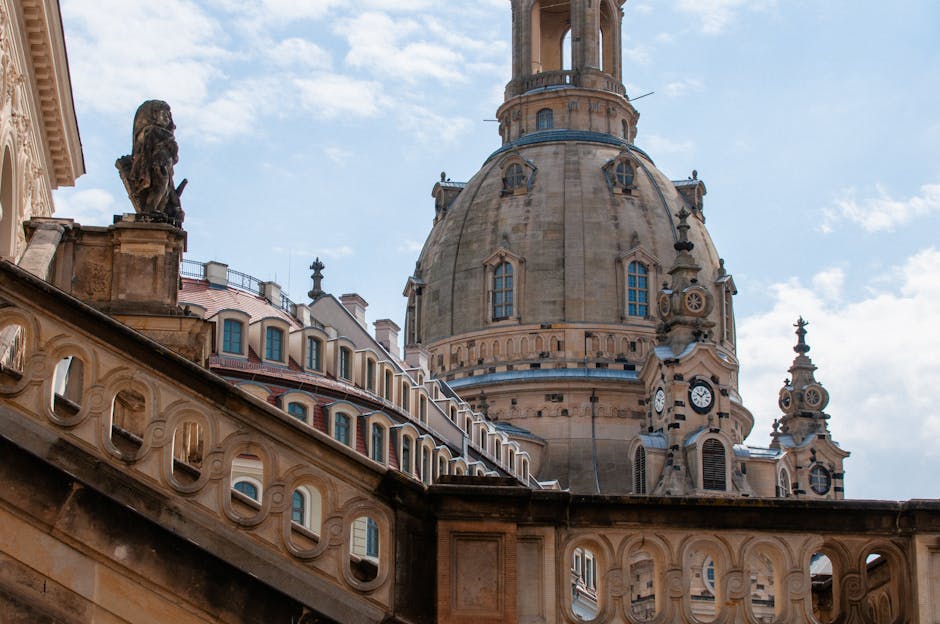 Close view of the Frauenkirche dome and surrounding Dresden architecture