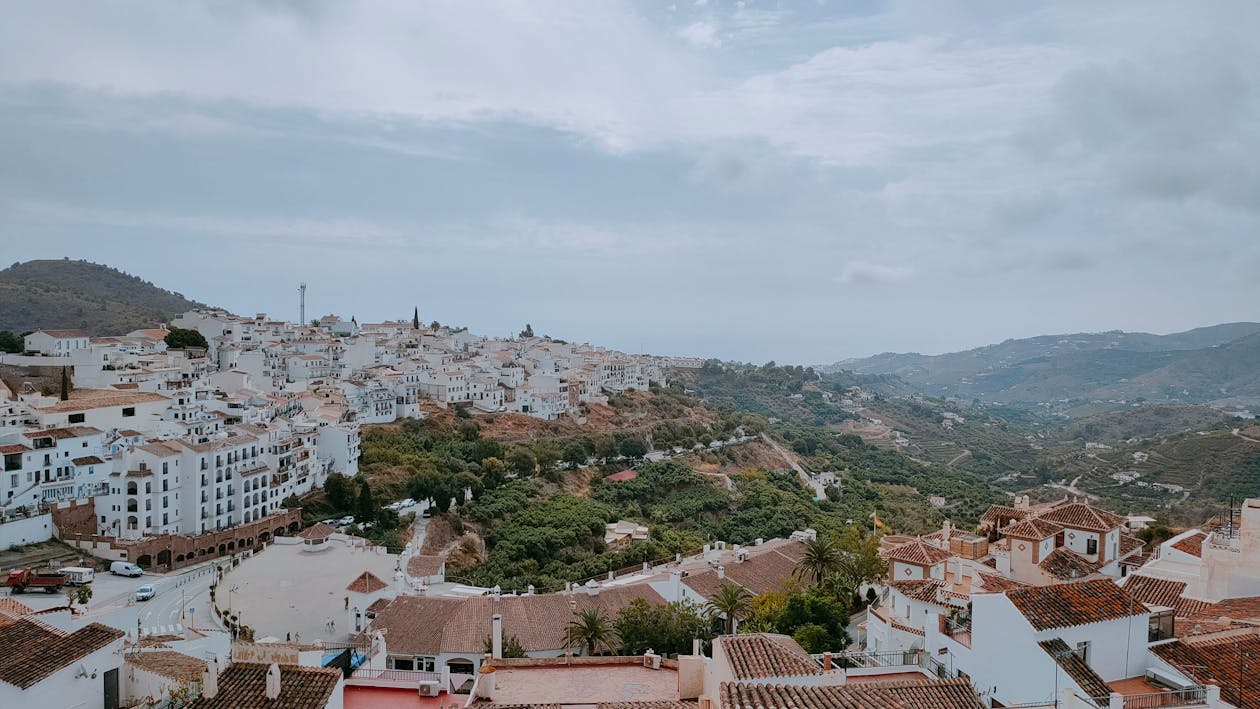 Aerial view of Frigiliana white village in the hills of Andalusia