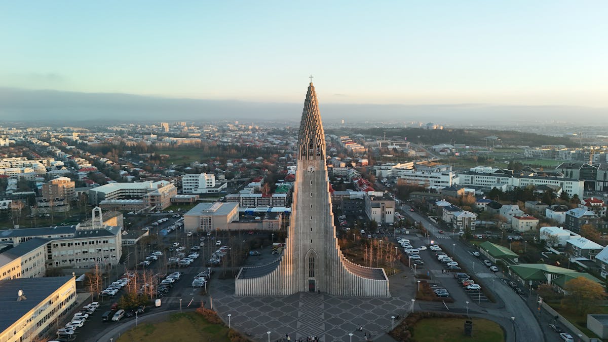 Aerial view of Hallgrimskirkja church in Reykjavik Iceland at sunrise
