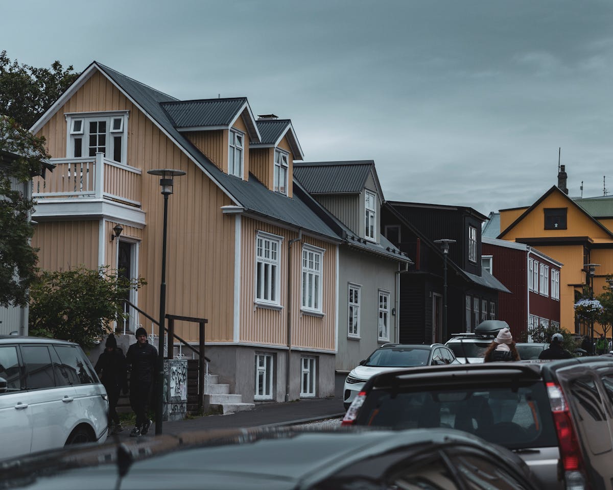 Colorful traditional houses on a street in Reykjavik Iceland
