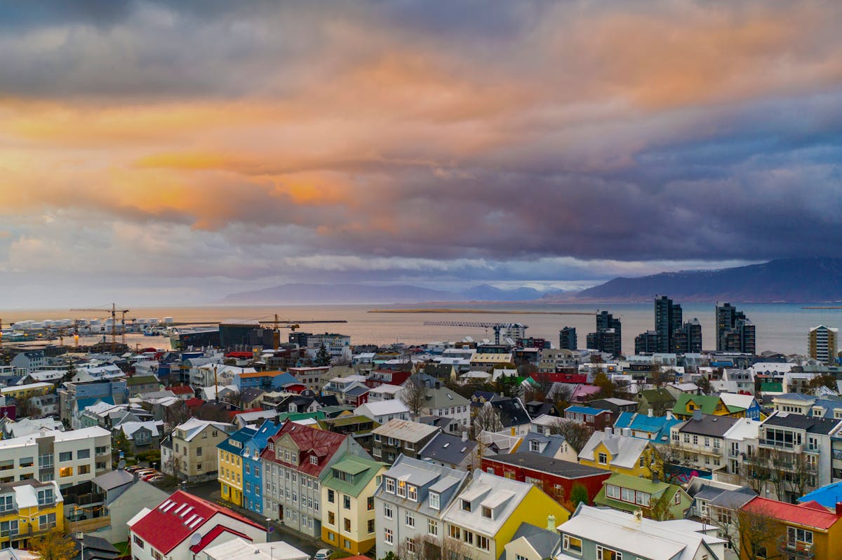 Aerial view of Reykjavik Iceland at sunset with colorful houses