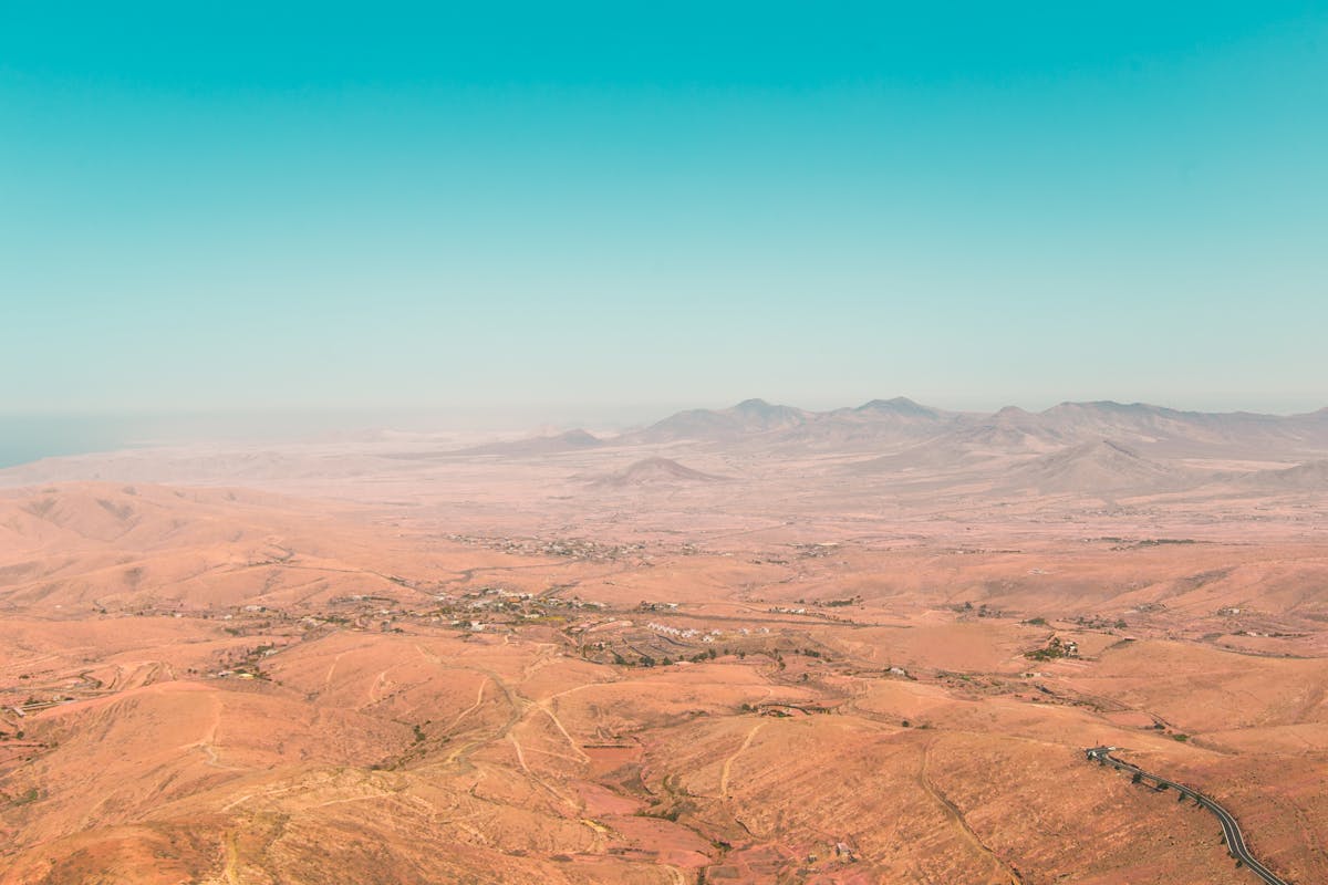 Aerial view of eroded volcanic landscape in Tuineje Fuerteventura