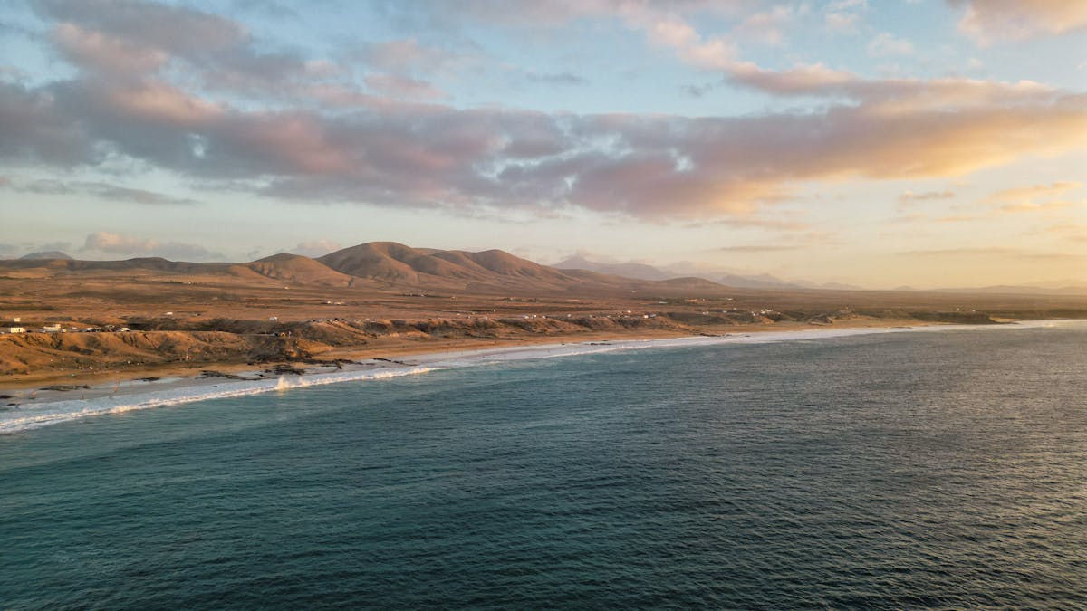Aerial view of the Spanish coastline and mountains at sunrise