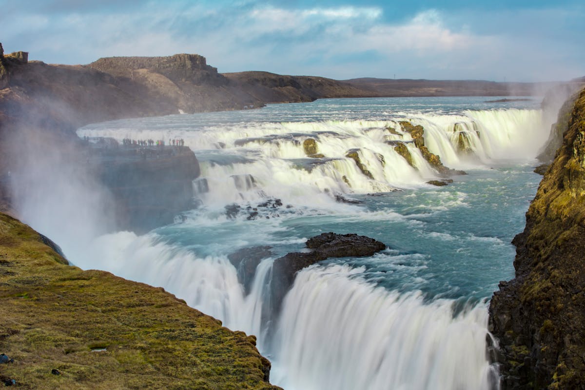 Close-up view of Gullfoss waterfall with cascading water in Iceland