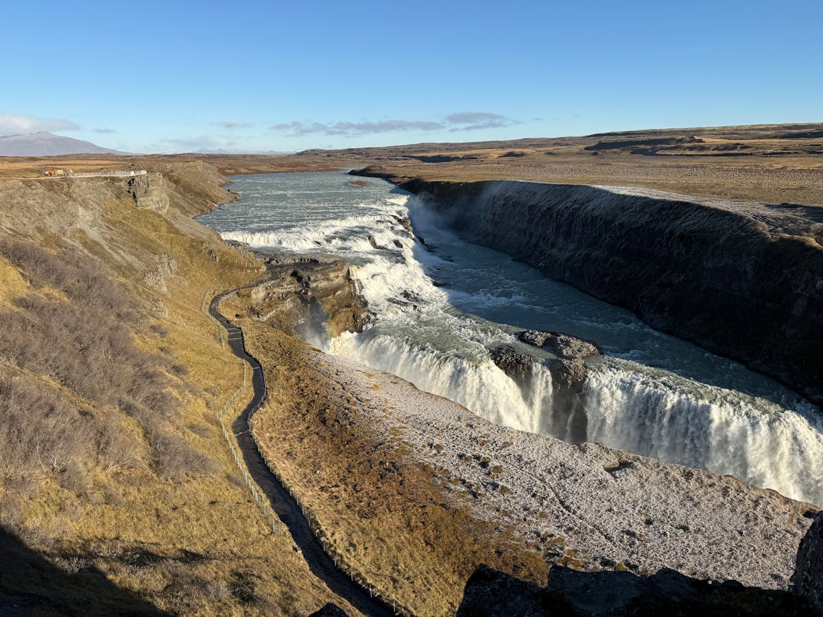 Gullfoss waterfall cascading into a deep canyon on the Golden Circle route in Iceland