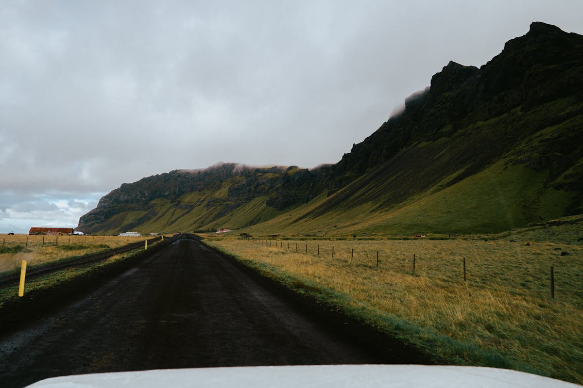 Remote Icelandic road winding through green mountains on a cloudy day