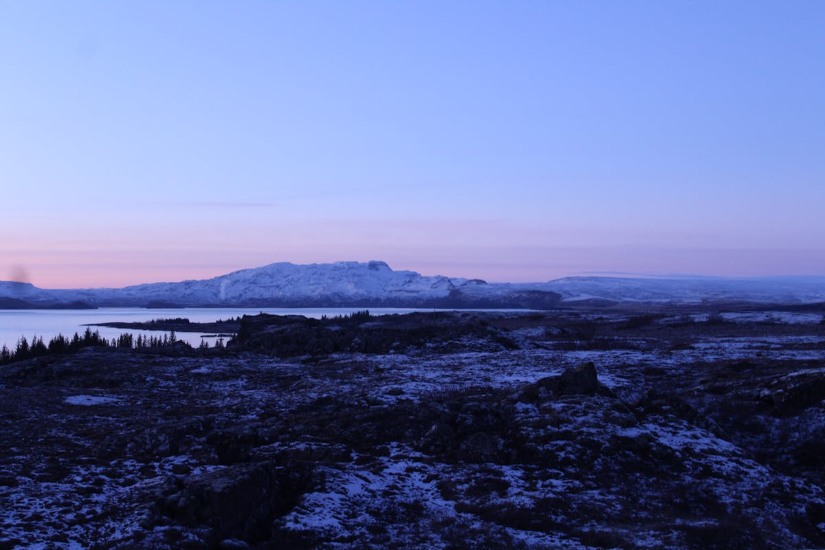 Thingvellir National Park covered in snow at twilight in Iceland