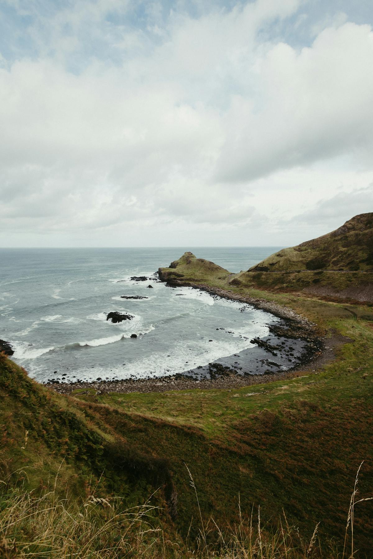 Aerial view showing Giants Causeway basalt formations and surrounding coastline