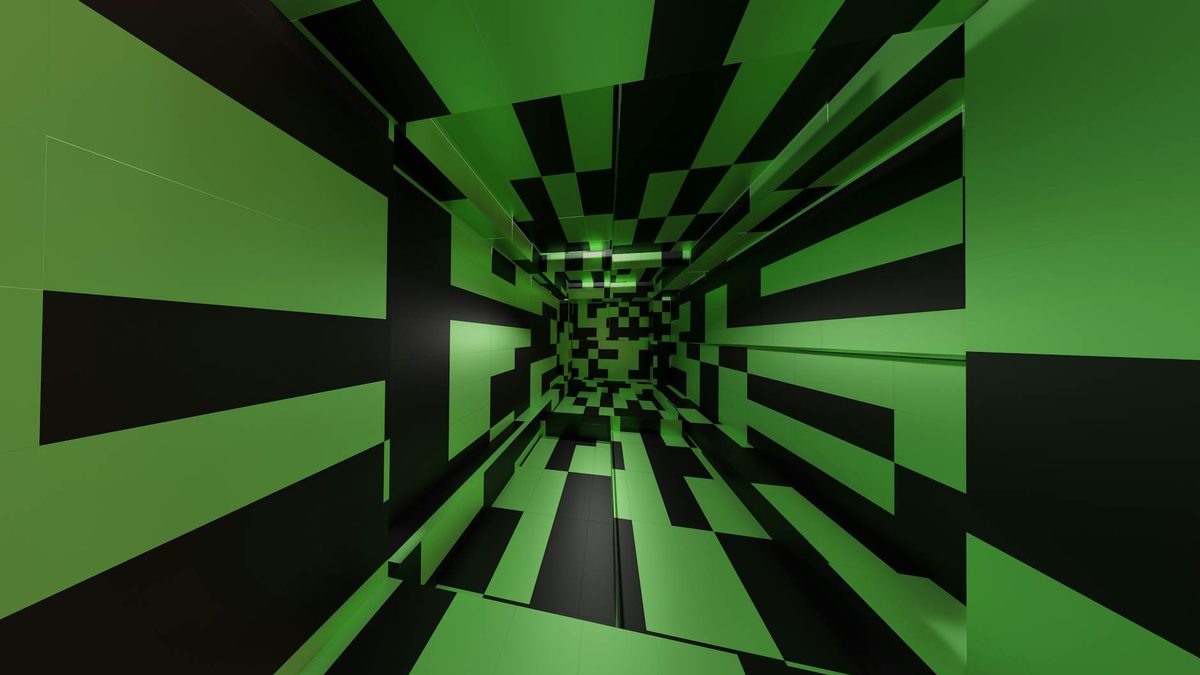 Immersive tunnel with green and black geometric patterns