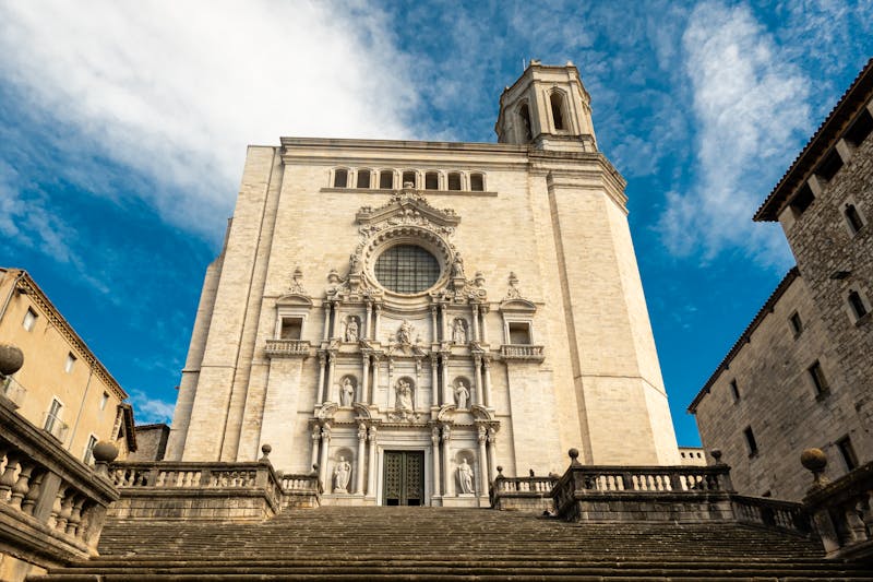 Front facade of the Cathedral of Girona with its iconic wide stone staircase