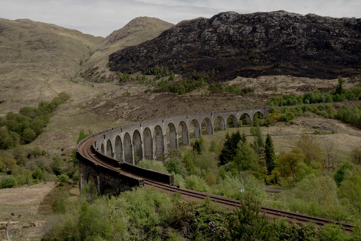 Aerial view of the Glenfinnan Viaduct surrounded by lush Scottish countryside