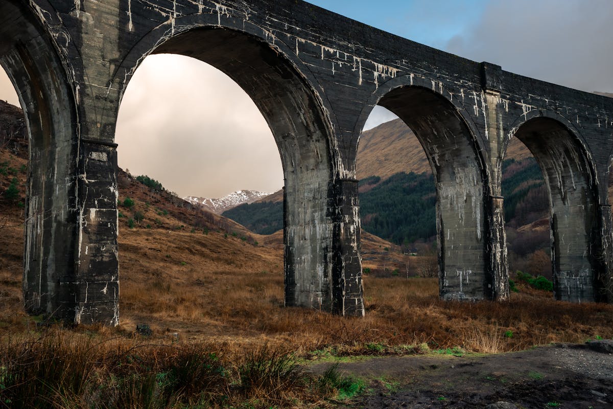 Panoramic view of the Glenfinnan Viaduct set among the Scottish Highlands