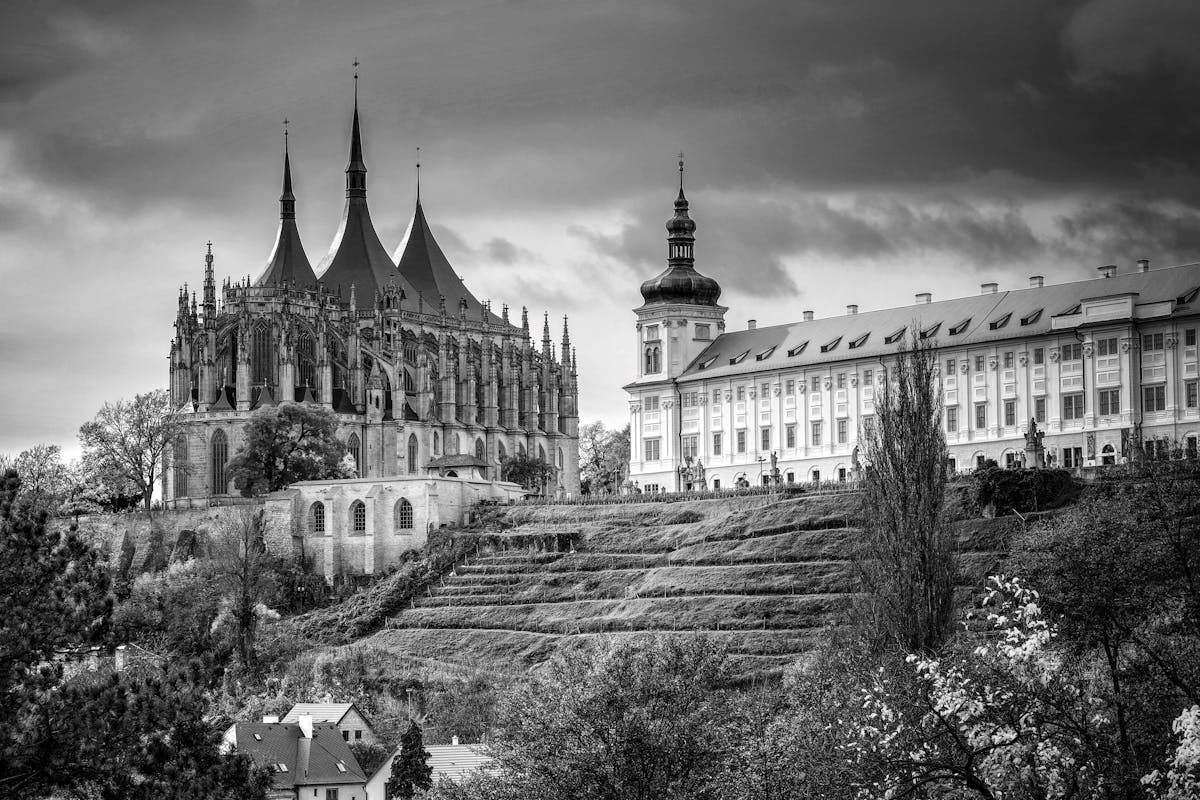 Majestic Gothic cathedral and adjacent historic buildings in Kutna Hora Czech Republic