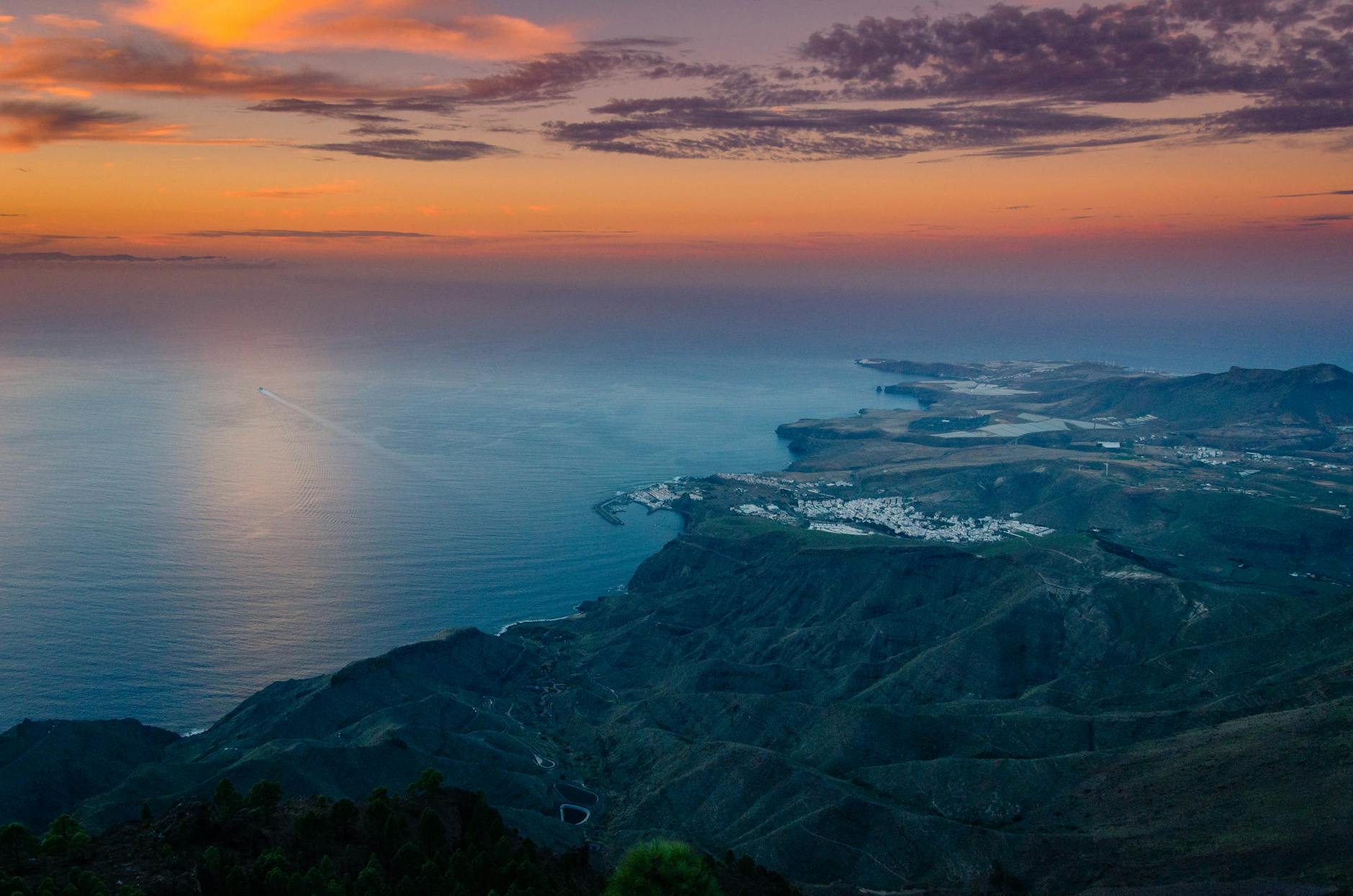 Aerial view of Gran Canaria coastline at golden sunset