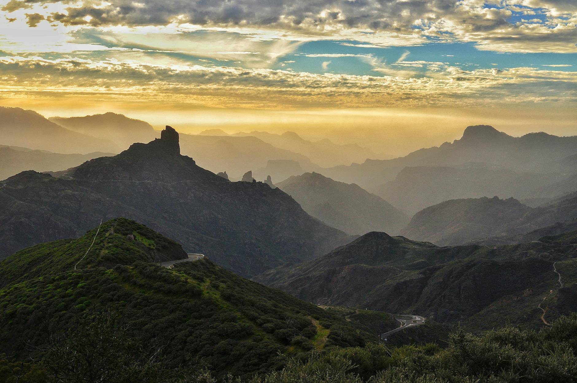 Mountain landscape in Gran Canaria at sunset with winding roads