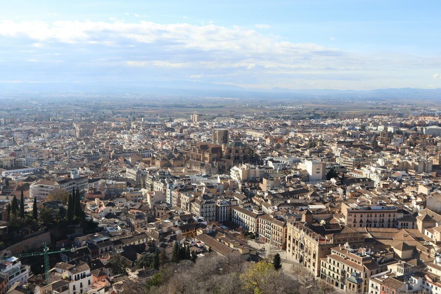 Aerial view of Granada historic cityscape with the Alhambra in Andalusia Spain