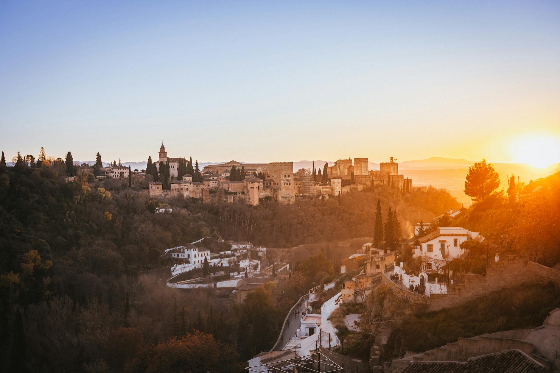 Sunset over Alhambra palace in Granada Spain