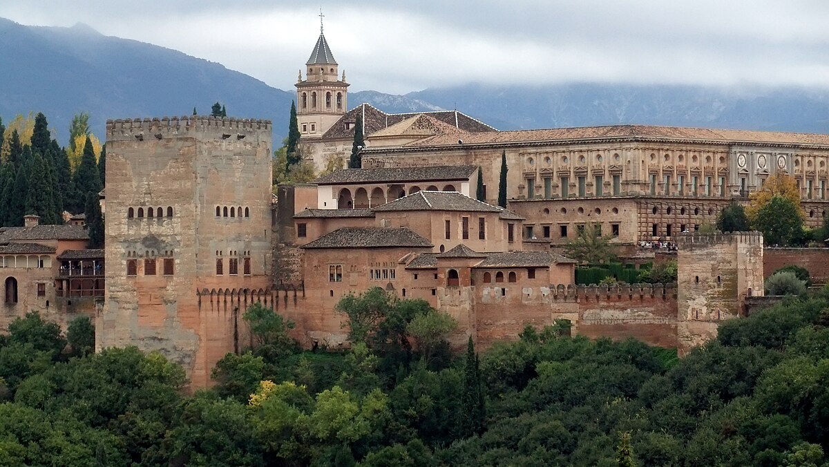 Panoramic view of the Alhambra palace seen from the Mirador San Nicolas viewpoint in the Albaicin Granada