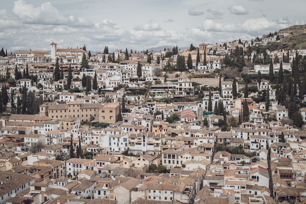 Panoramic view of Granada terracotta rooftops with tall cypress trees and mountains in the background