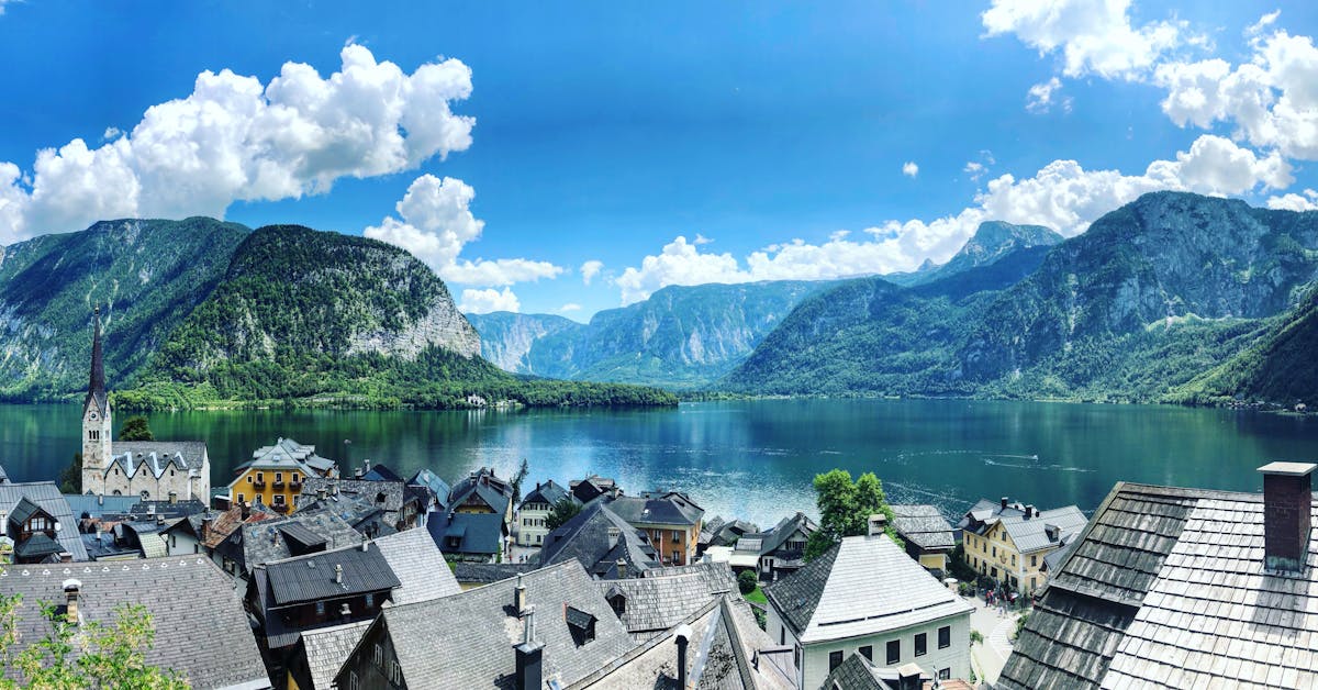 Aerial view of Hallstatt Austria with mountains and lake