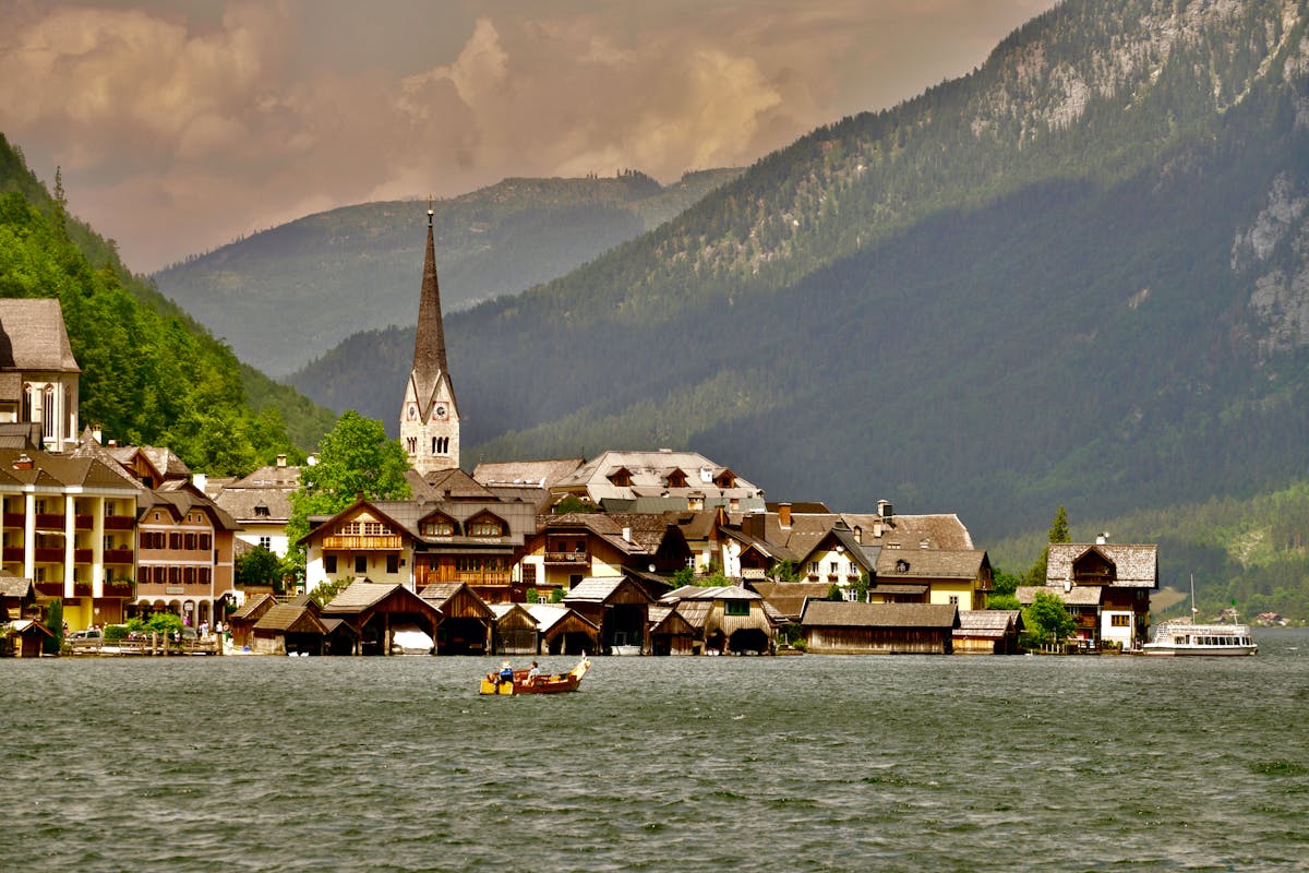 Landscape view of Hallstatt village by the lake with mountains in Austria