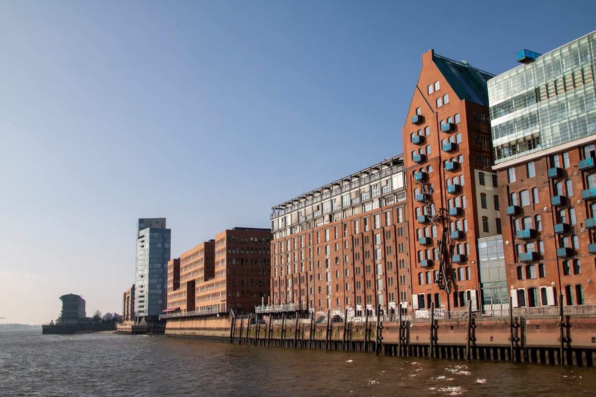 Historic waterfront buildings along the Elbe River in Hamburg Germany