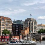 Panoramic view of Hamburg harbor skyline with boats on the Elbe River