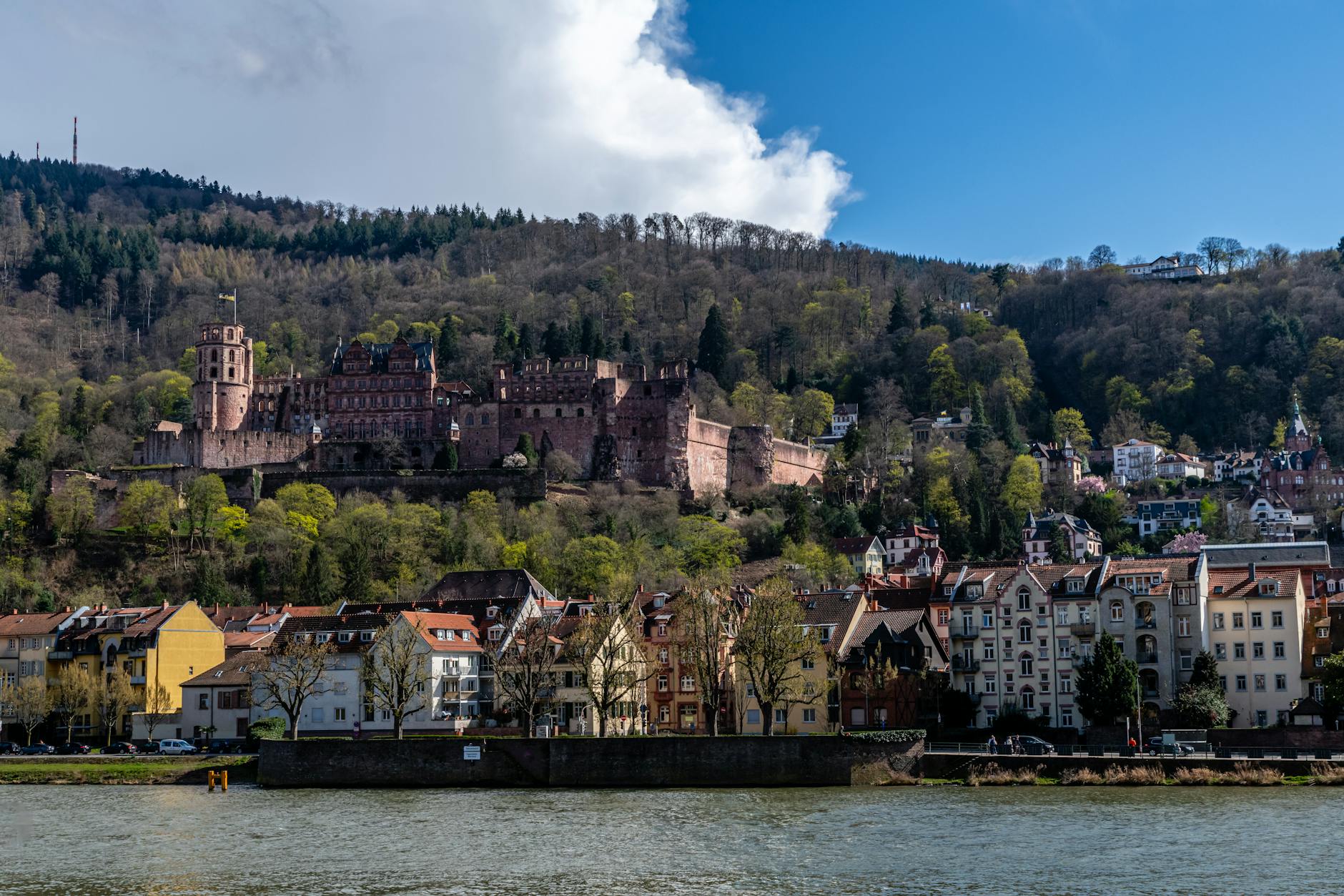 Picturesque view of Heidelberg Castle and old town across the Neckar River in Germany.