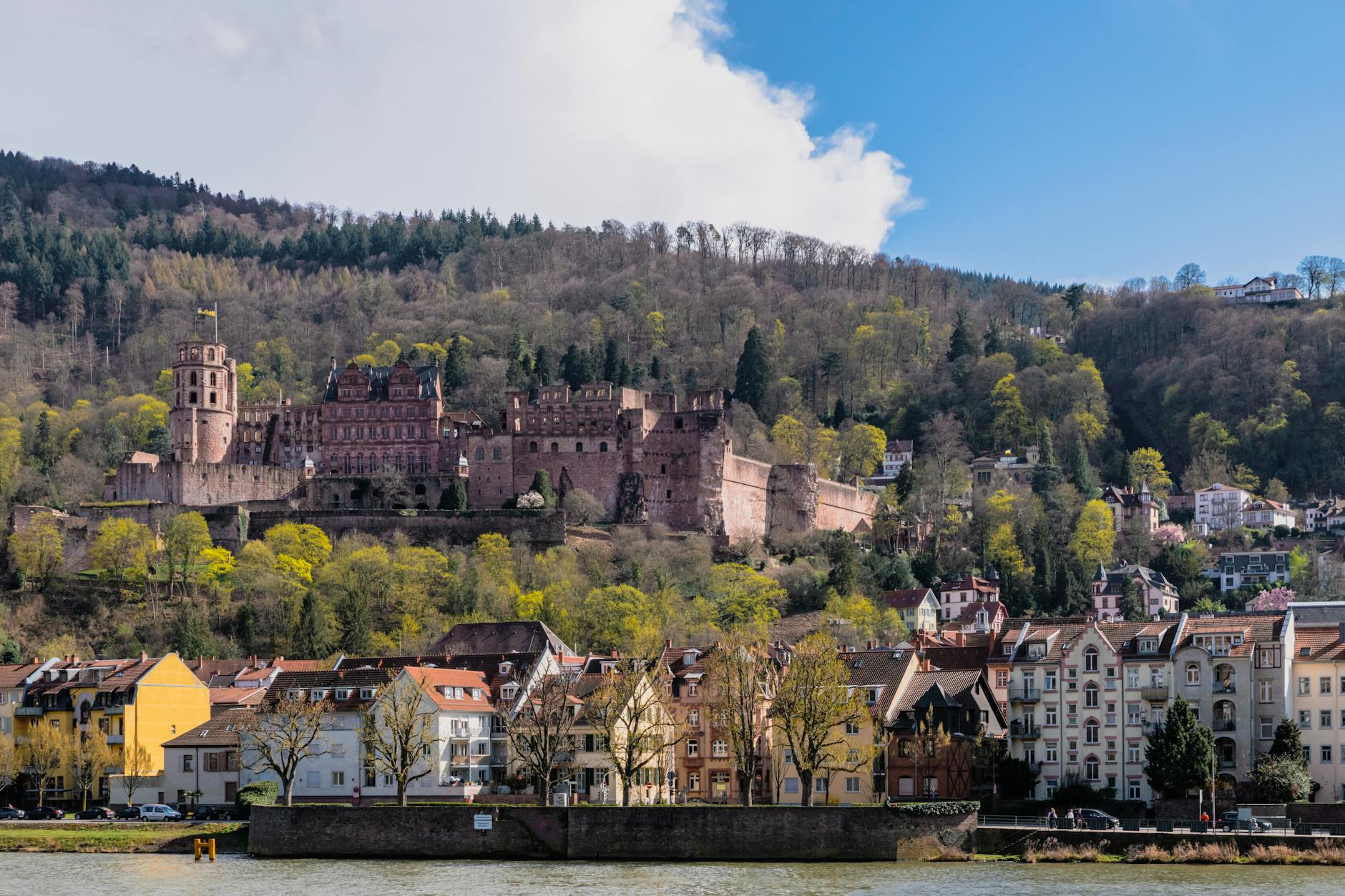 Scenic view of Heidelberg Castle and city from across the Neckar River