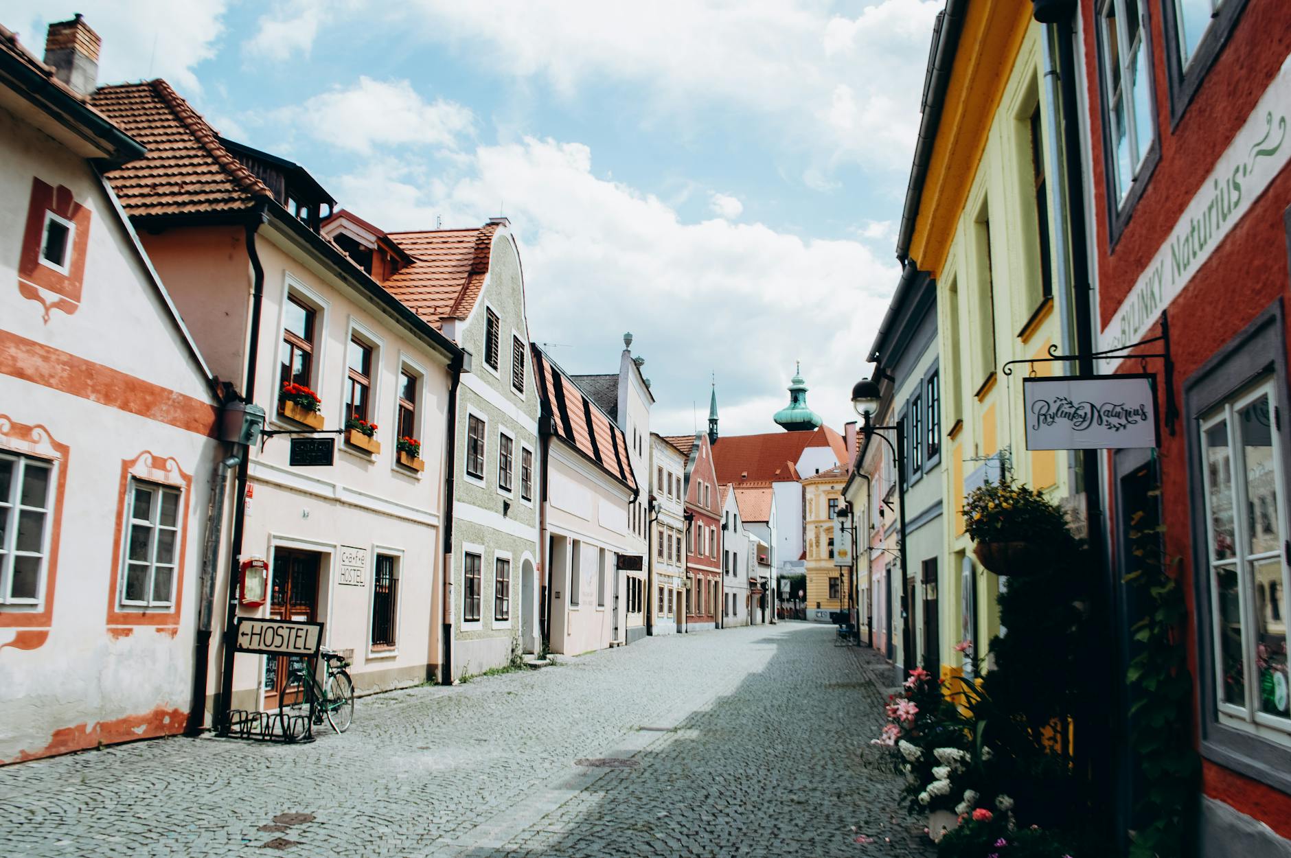 Colorful European street with historic buildings