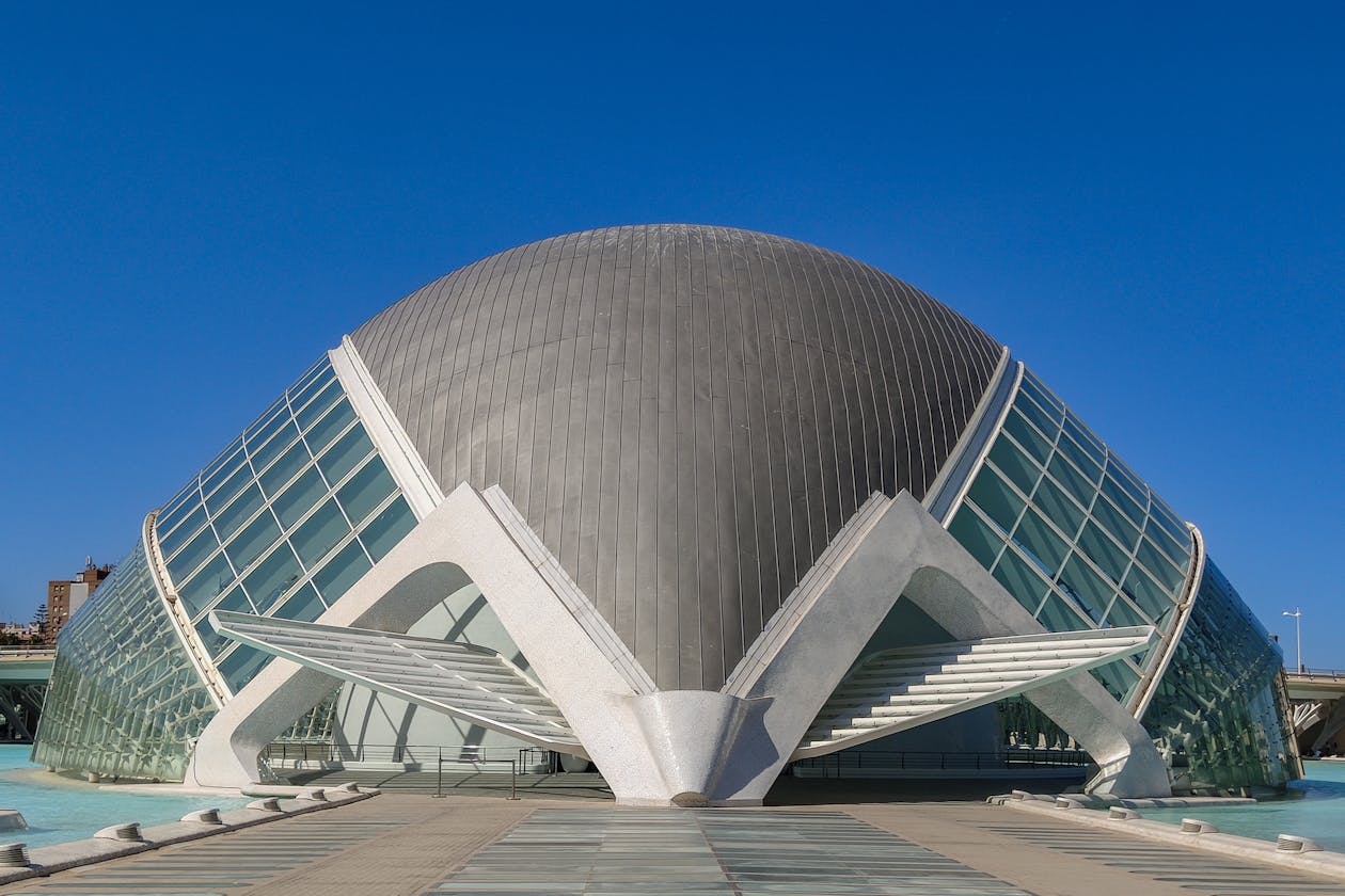The Hemisferic building in Valencia shaped like a giant eye with a clear blue sky