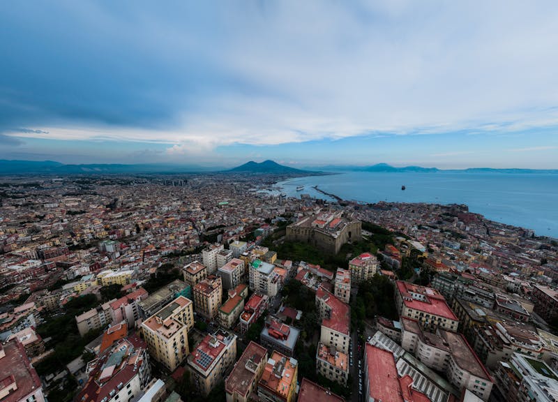 Panoramic aerial view of Naples Italy with Mount Vesuvius and the Mediterranean Sea