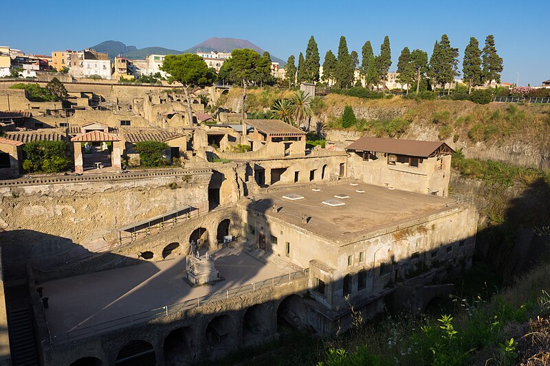 Interior of well-preserved Roman public baths at Herculaneum archaeological site
