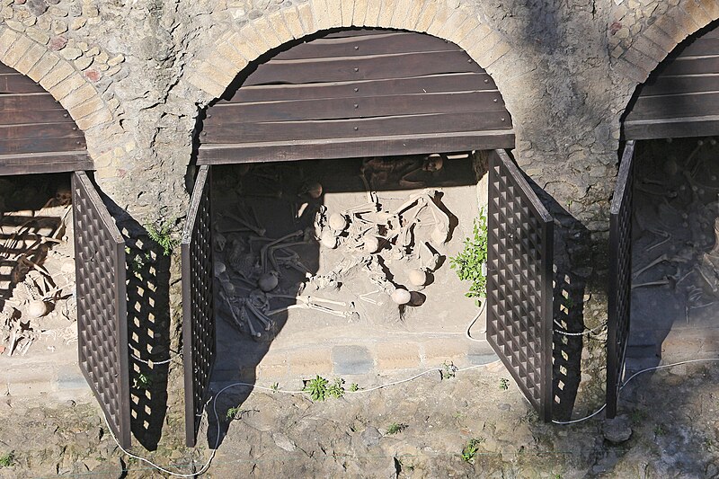 Stone arched boat houses along the ancient shoreline of Herculaneum where hundreds of skeletal remains were discovered