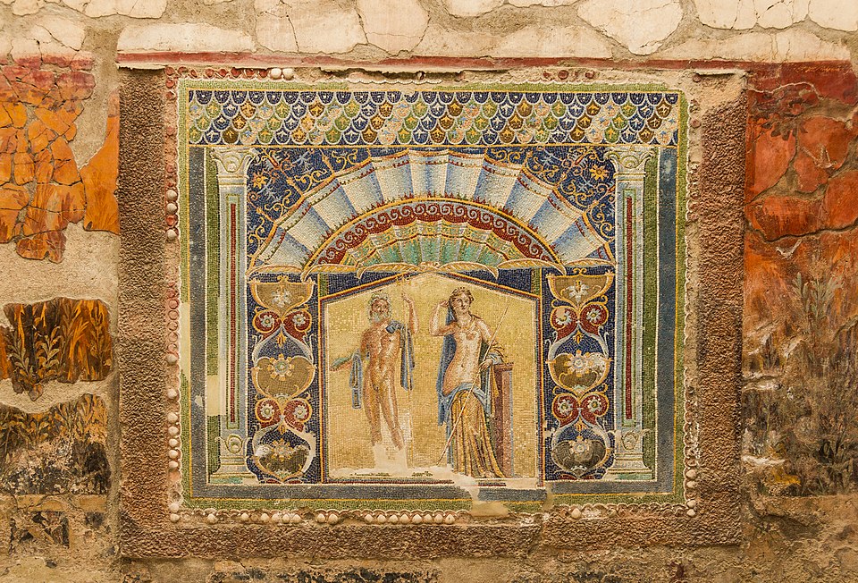 Detailed mosaic depicting Neptune and Amphitrite found at the House of Neptune and Amphitrite in Herculaneum