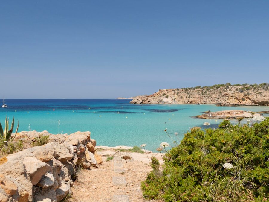 Beautiful view of Cala Tarida beach in Ibiza with turquoise waters and clear blue sky