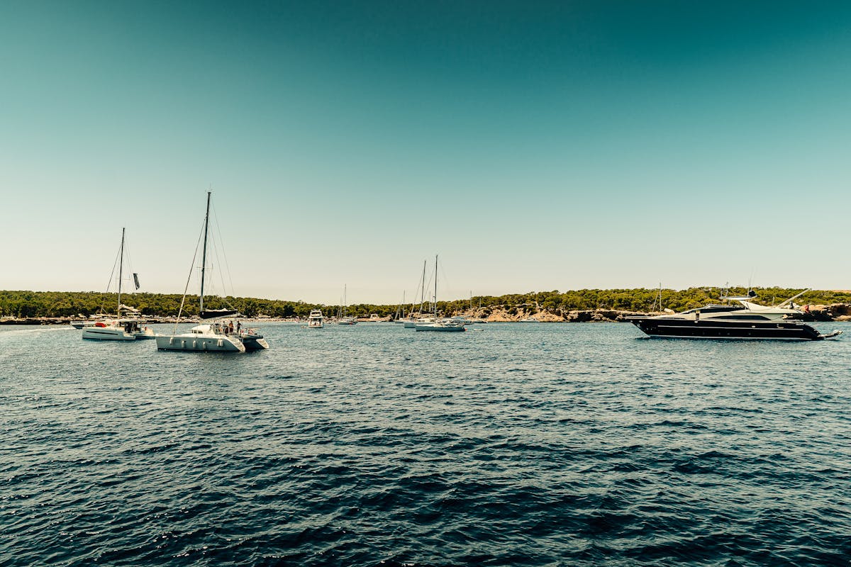Multiple sailboats and yachts moored in Ibiza harbor on a sunny summer day